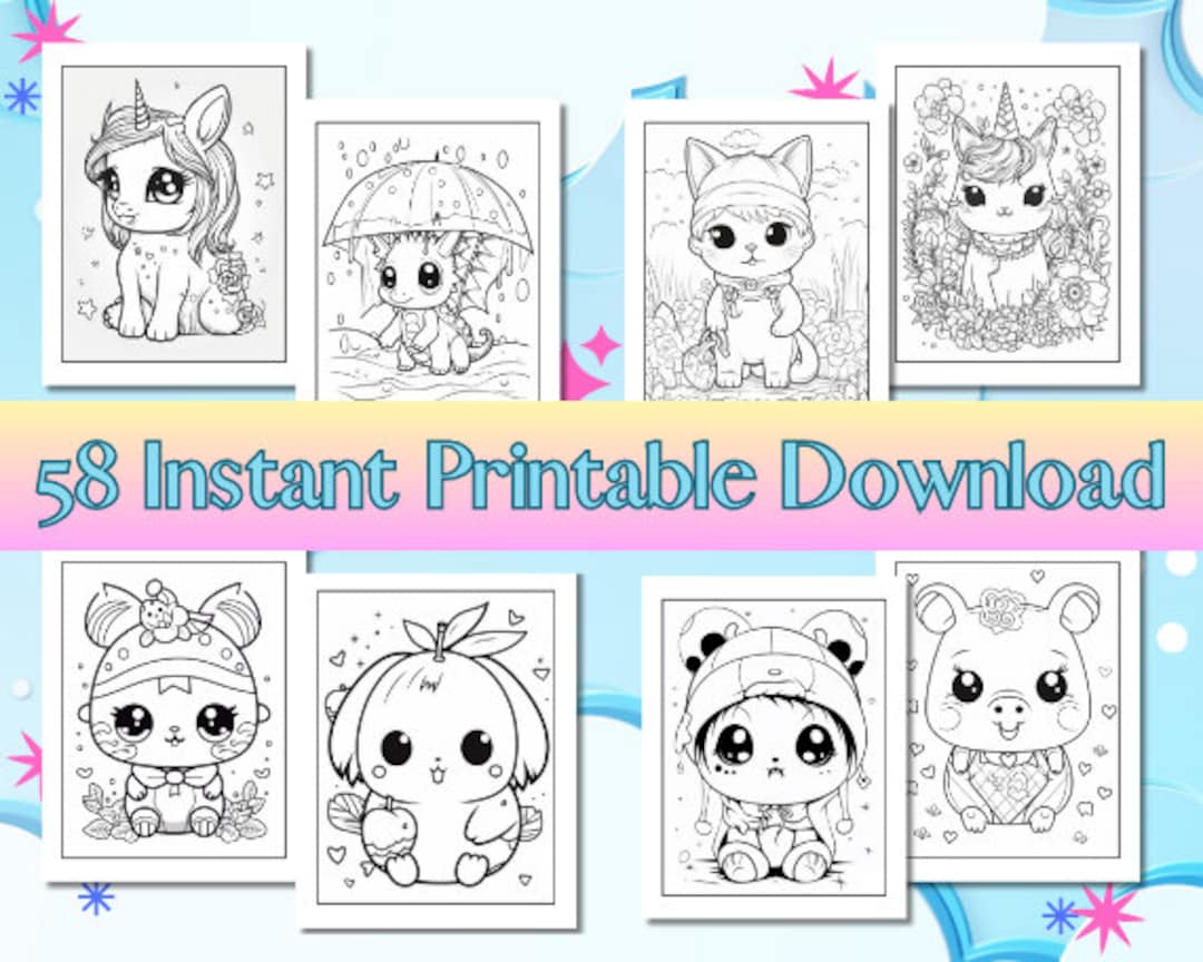 58 Cute Kawaii Animals Coloring Pages, Instant Printable Download - Etsy