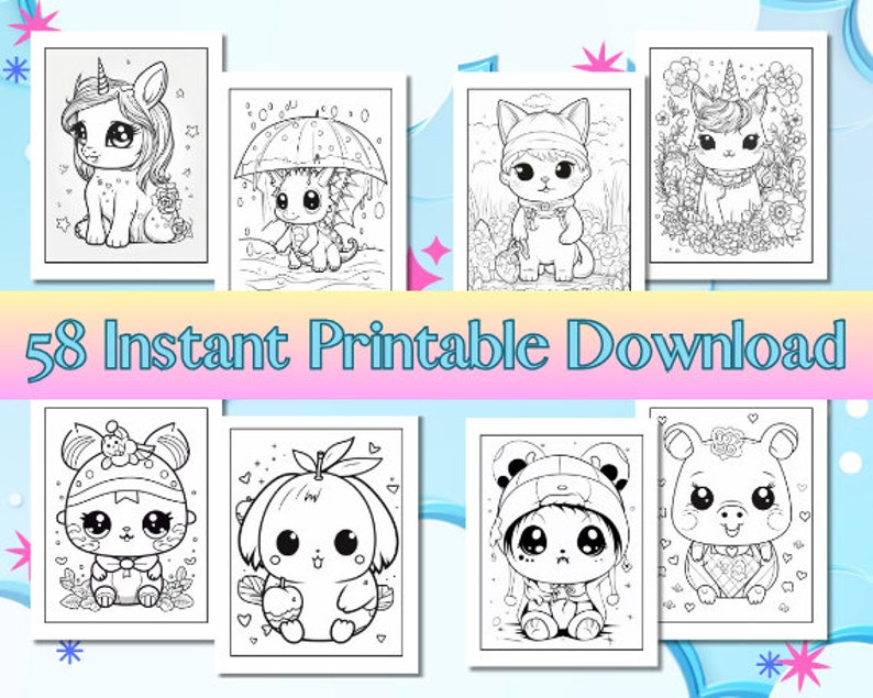 58 Cute Kawaii Animals Coloring Pages, Instant Printable Download - Etsy