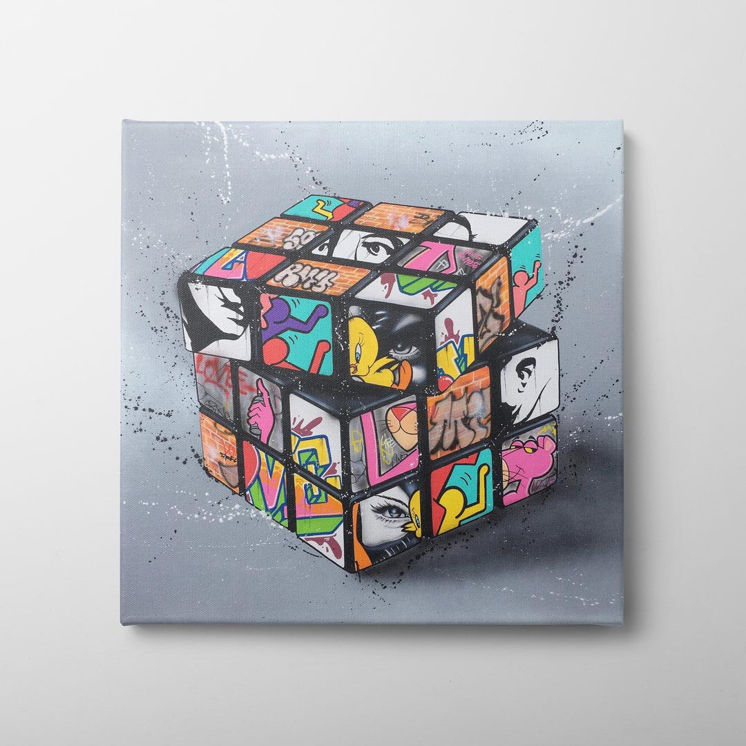 Banksy Cartoon Framed Canvas, Rubik's Cube Graffiti Wall Decor, Banksy Rubik's Cube Canvas ...