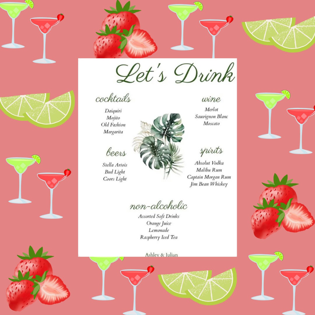 Menú de bebidas alcohólicas de Monstera Plantilla de letrero - Etsy España