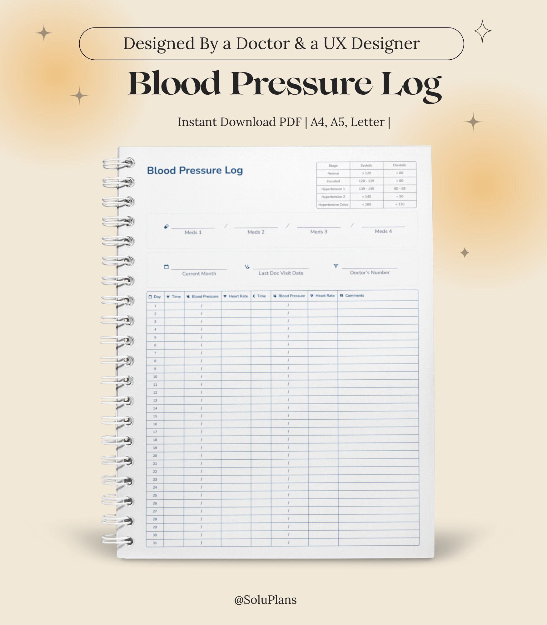 Blood Pressure Tracker, Hypertension Monitor Chart, BP Log, Digital ...