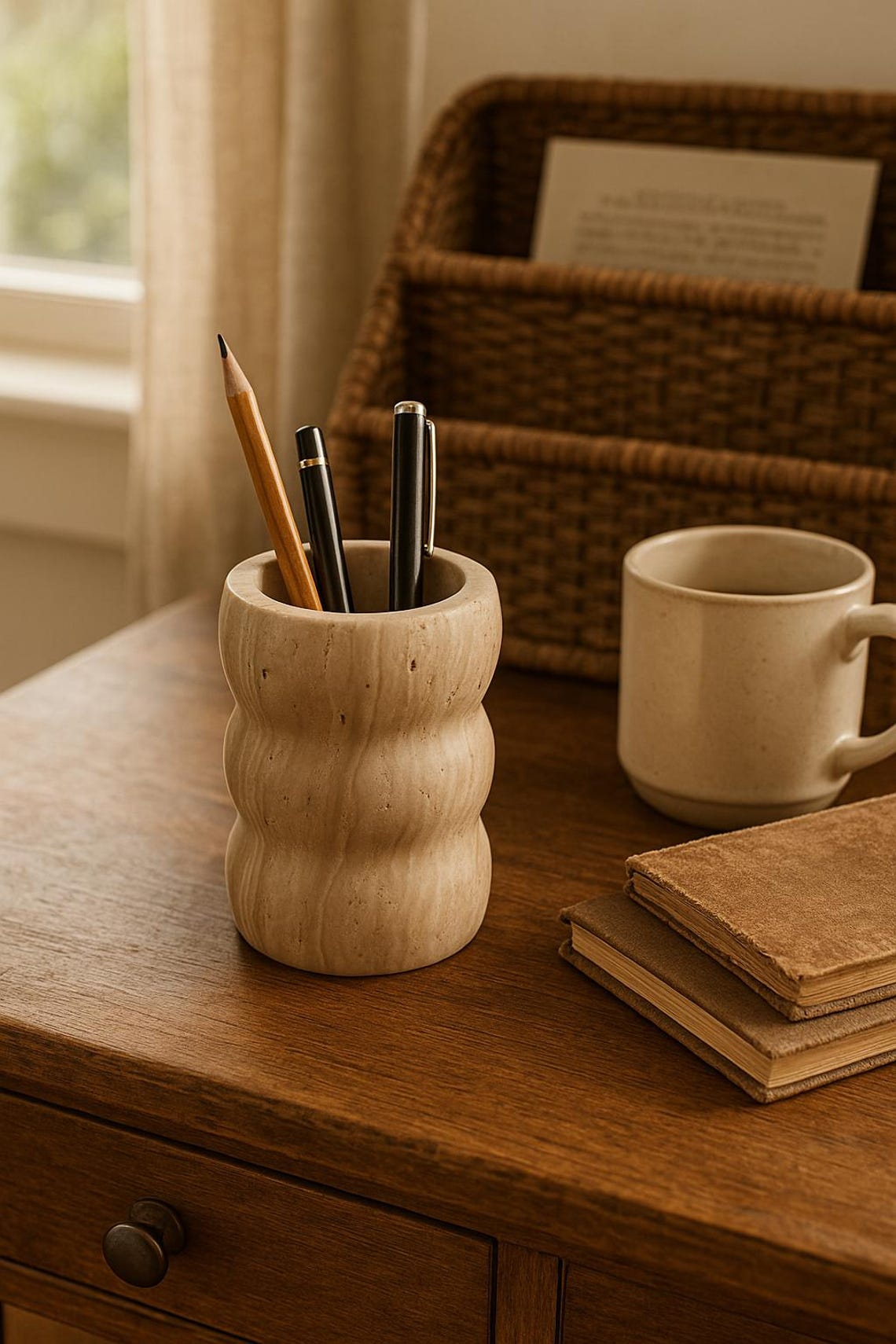 Travertine Pen Holder – Handmade Natural Stone Minimalist Bathroom ...
