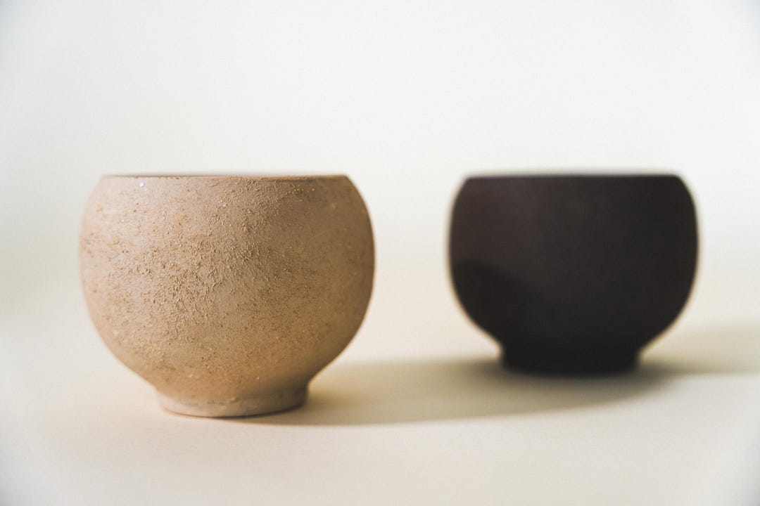 Handcrafted Clay Pot Set – Beige and Anthracite, Curved Design With ...