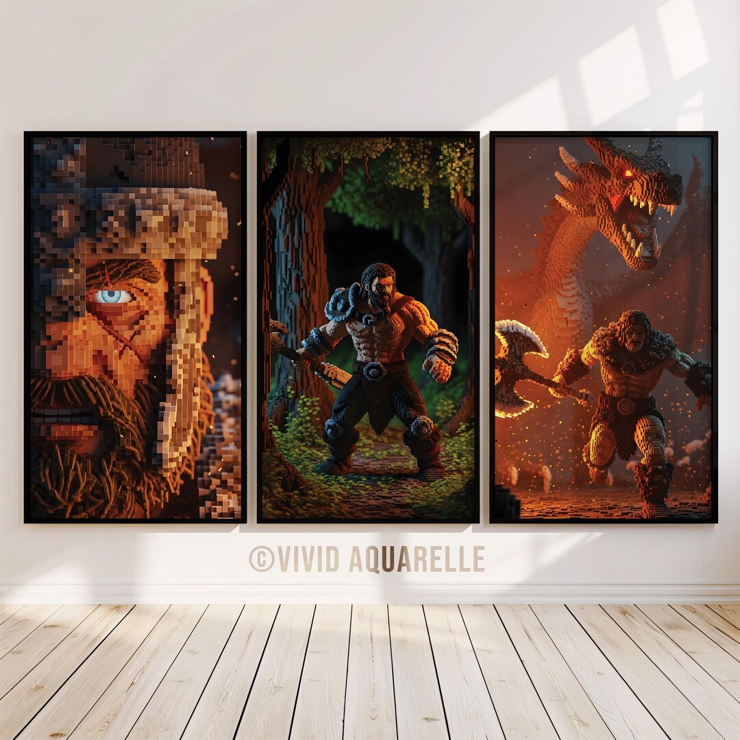 Voxel Barbarian Vs Dragon Wall Art Set of 3 Gaming Room Decor - Etsy