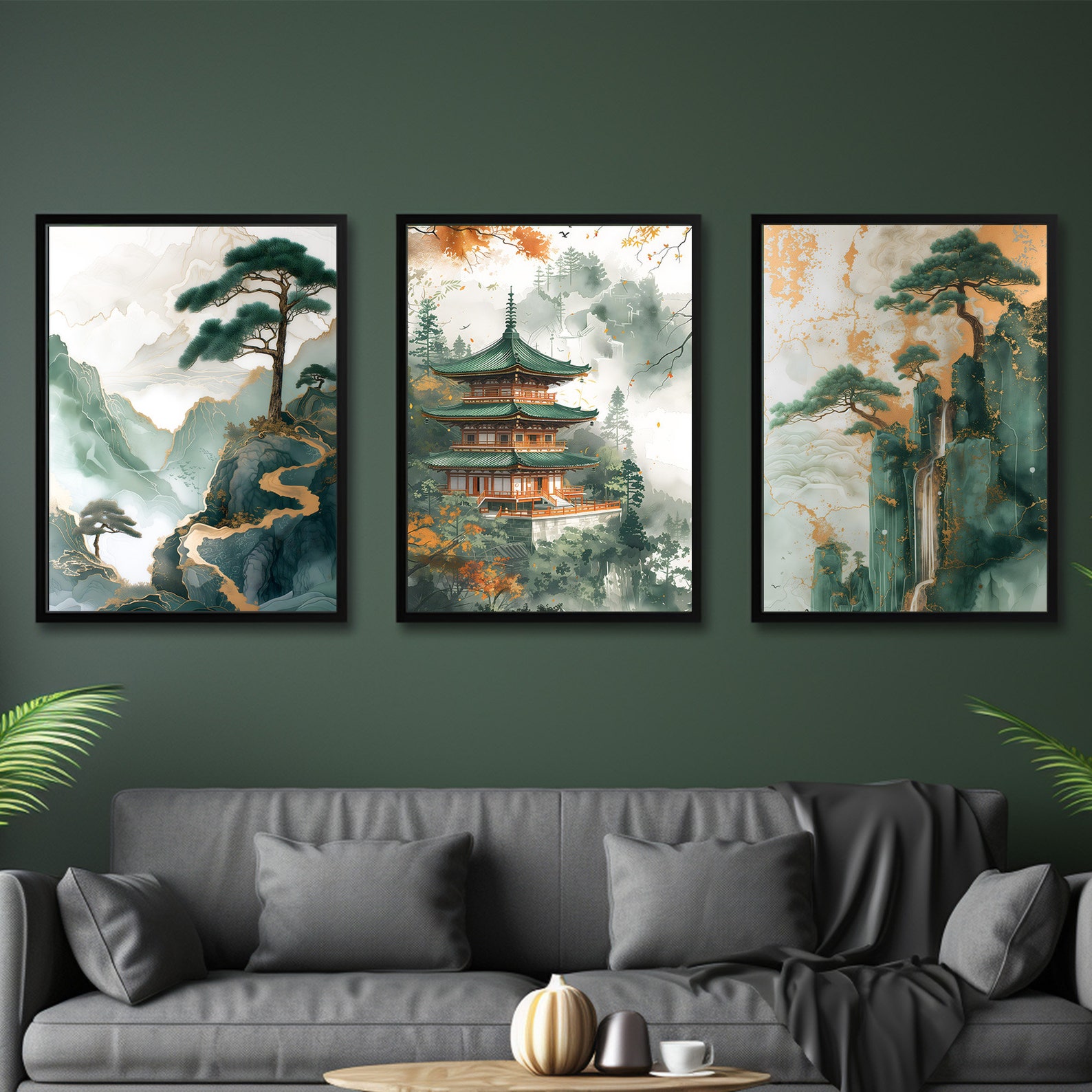 Traditional Japanese Sumi Wall Art in Watercolor Style, Sage Green With ...