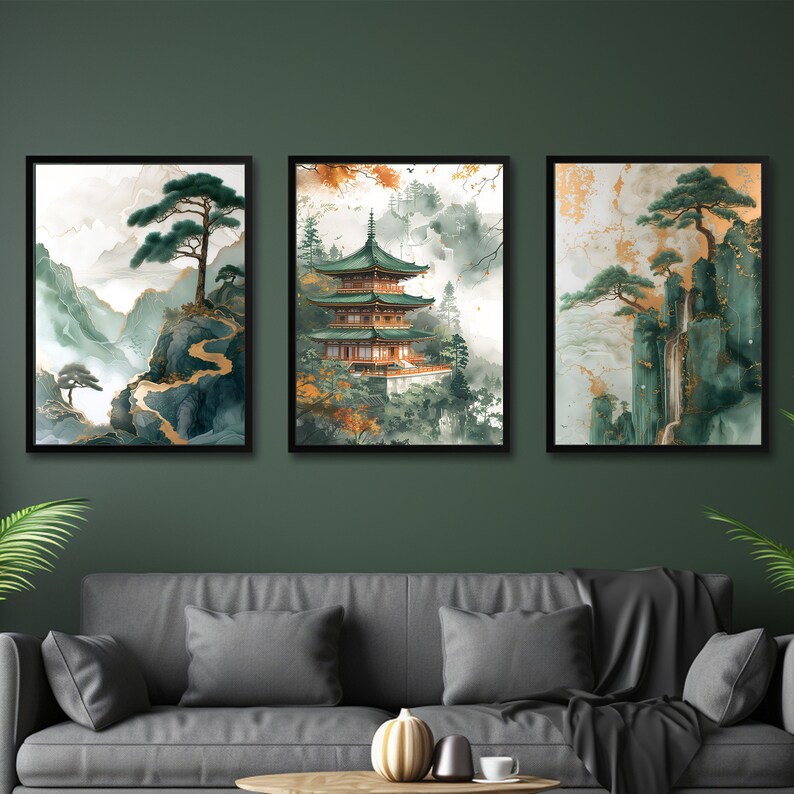 Traditional Japanese Sumi Wall Art in Watercolor Style, Sage Green With ...