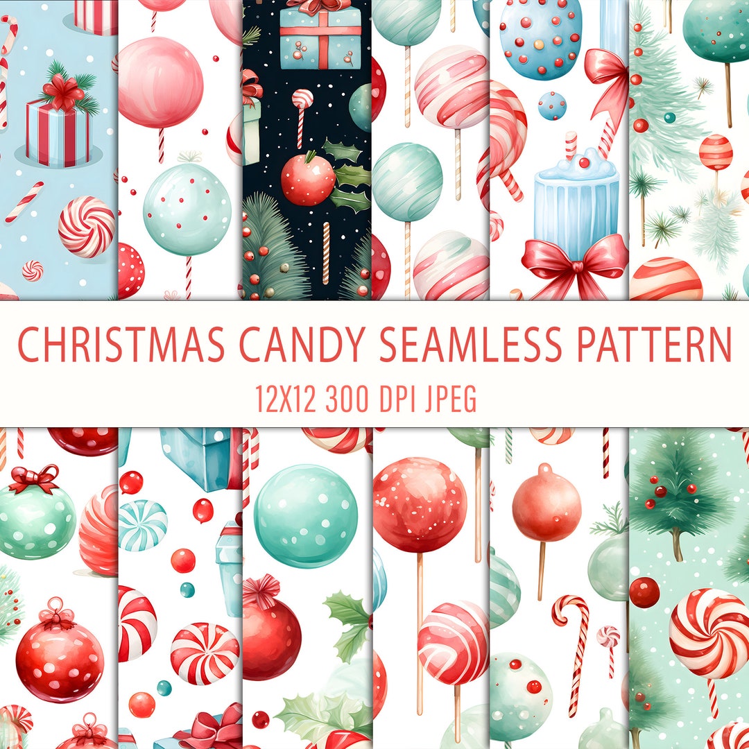 Set of 12 Watercolor Christmas Candies Seamless Pattern - Festive ...