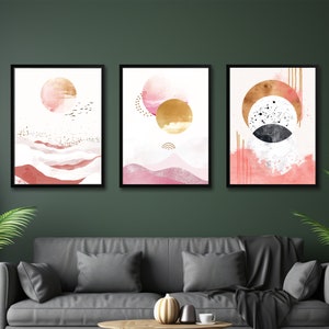 Gold Pink Japandi Wall Art, Minimalist Moon Ocean Wave Home Decor ...