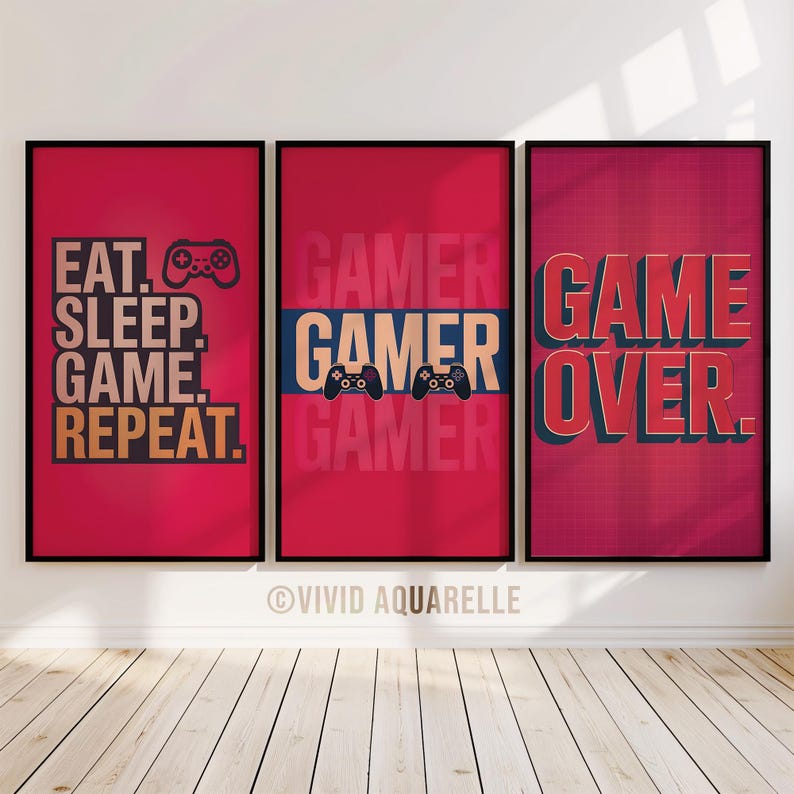 Gaming Wall Art Set of 3 | Eat Sleep Game Repeat Print | Gamer Controls ...