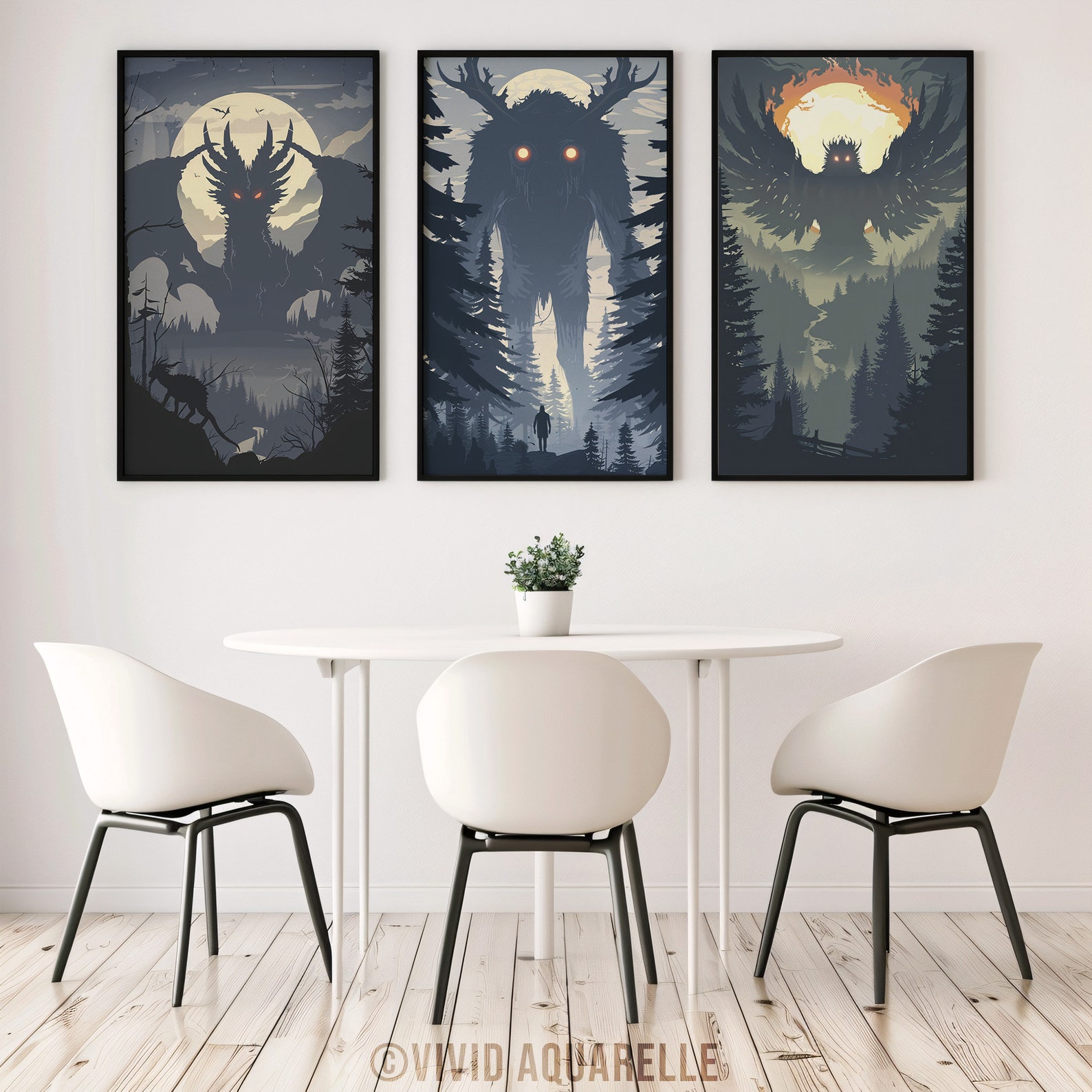 Cryptid Wall Art Set of 3 | Dragon, Monster, Phoenix | Dark Theme ...