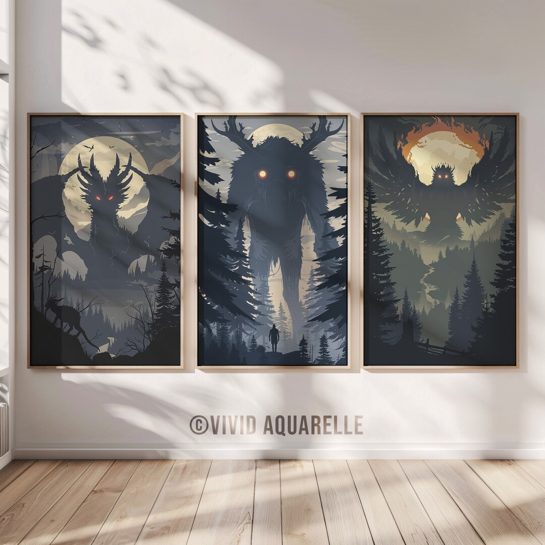 Cryptid Wall Art Set of 3 | Dragon, Monster, Phoenix | Dark Theme ...