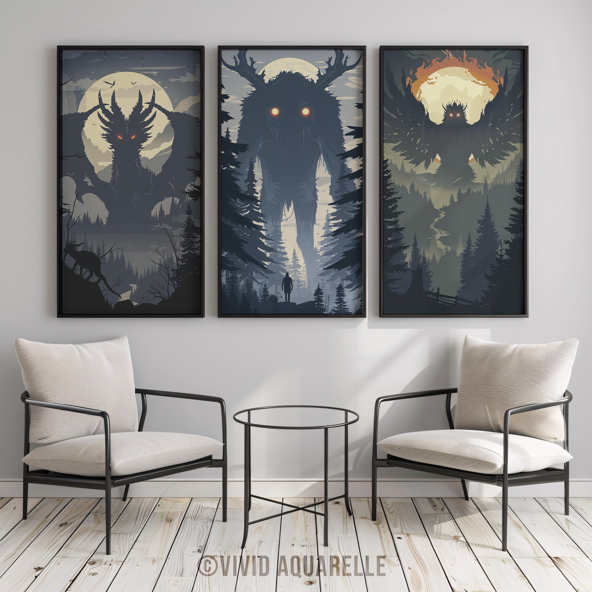 Cryptid Wall Art Set of 3 | Dragon, Monster, Phoenix | Dark Theme ...