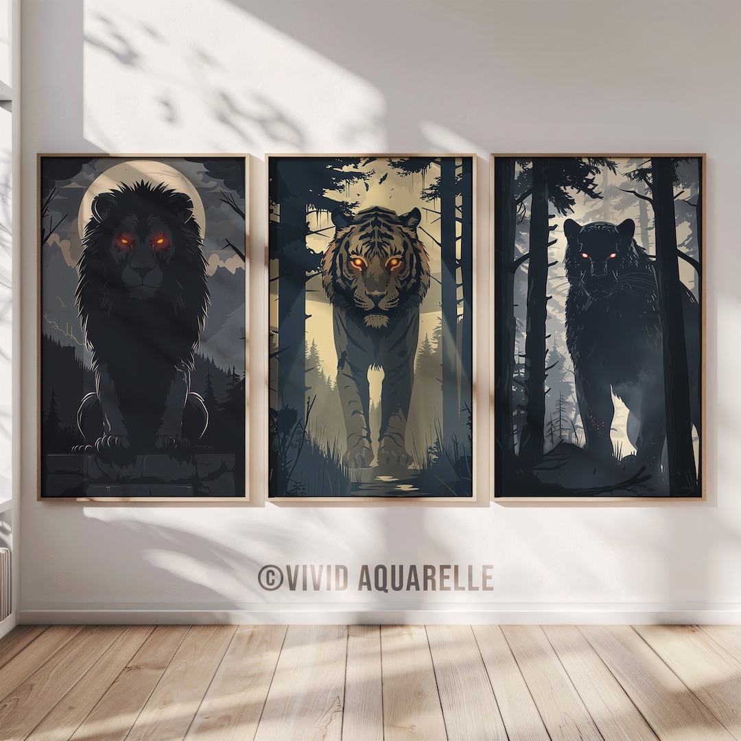 Cryptid Wall Art Set of 3 | Lion, Tiger, Panther | Dark Theme Art ...