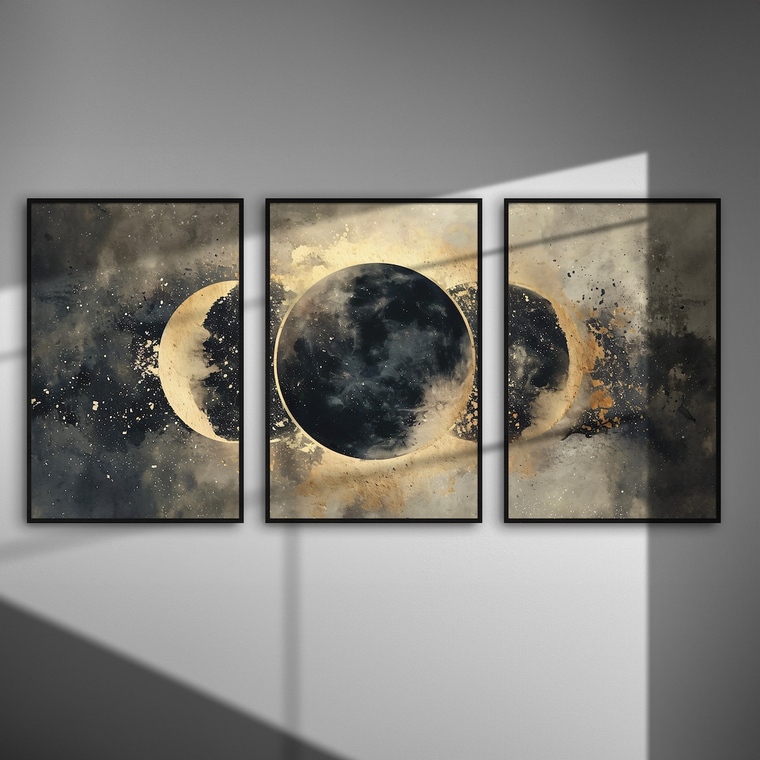 3 Sets of Total Solar Eclipse Prints With Golden Accents, Vintage ...