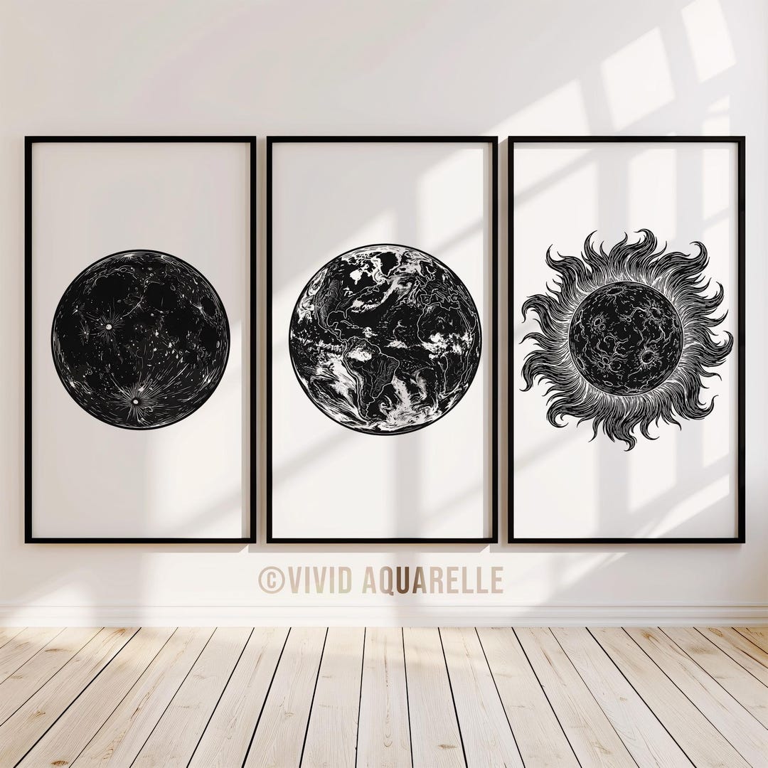 Sun Moon and Earth Celestial Wall Art Set - Black and White Prints - Etsy