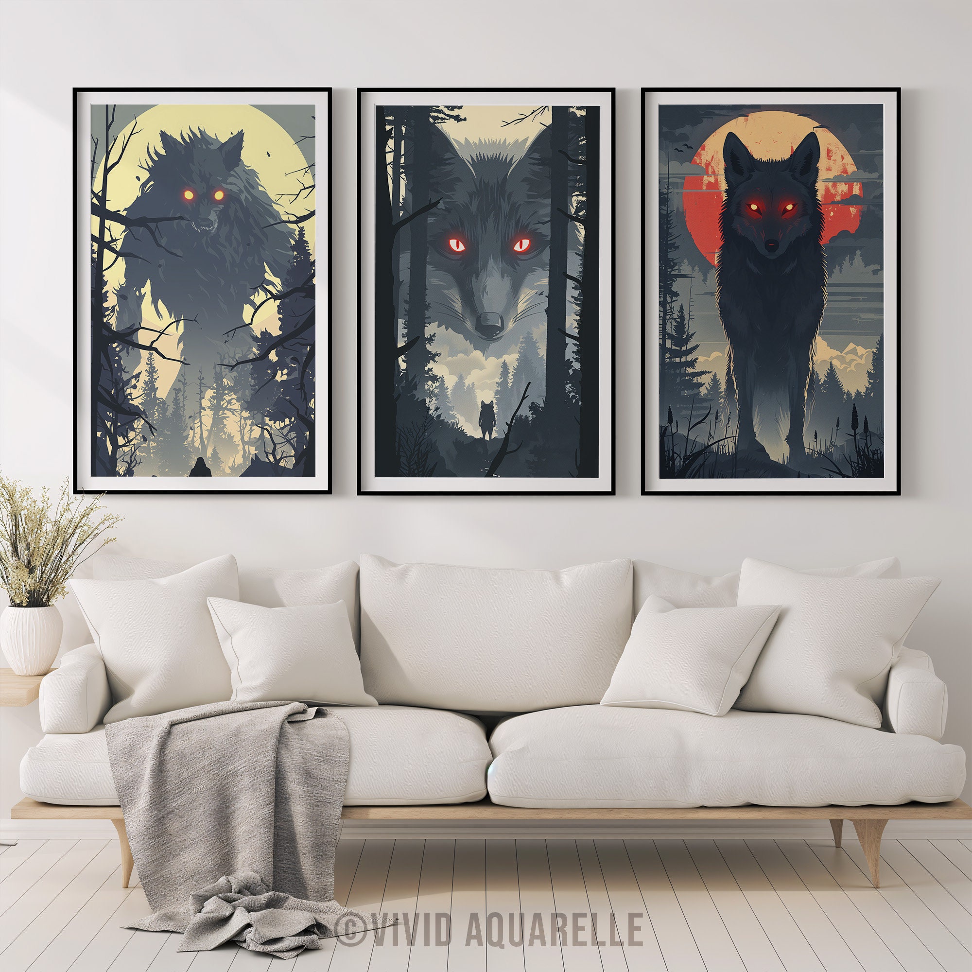 Cryptid Wall Art Set of 3 | Wolf, Fox, Coyote | Dark Theme Art | Flat ...