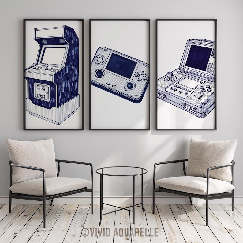 Retro Gaming Sketch Art Set of 3, Vintage Arcade Console Prints, Gamer ...