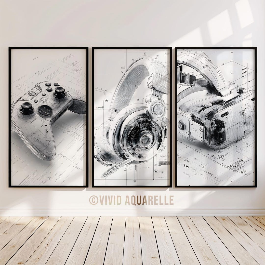 Gaming Controller Blueprint Art, Gamer Room Decor Set (digital Download ...