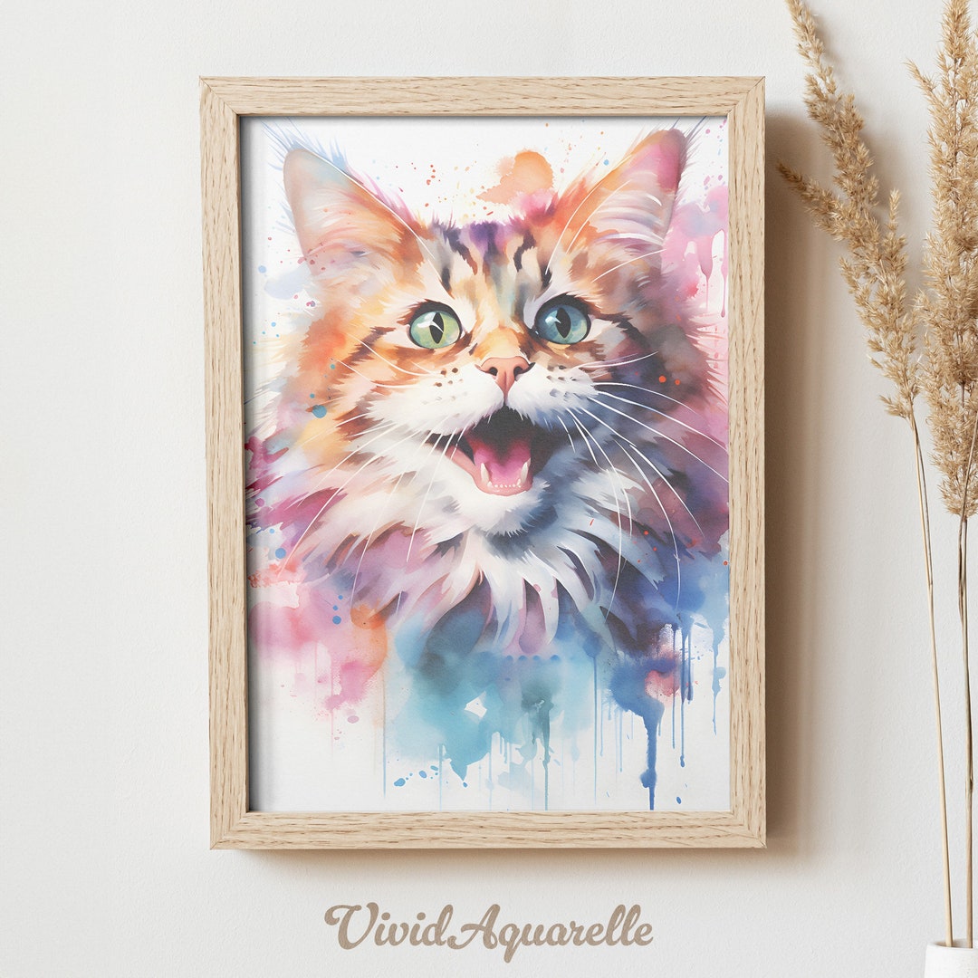 Colorful Cat Watercolor Art Print: Vibrant Wall Decor (digital Download ...