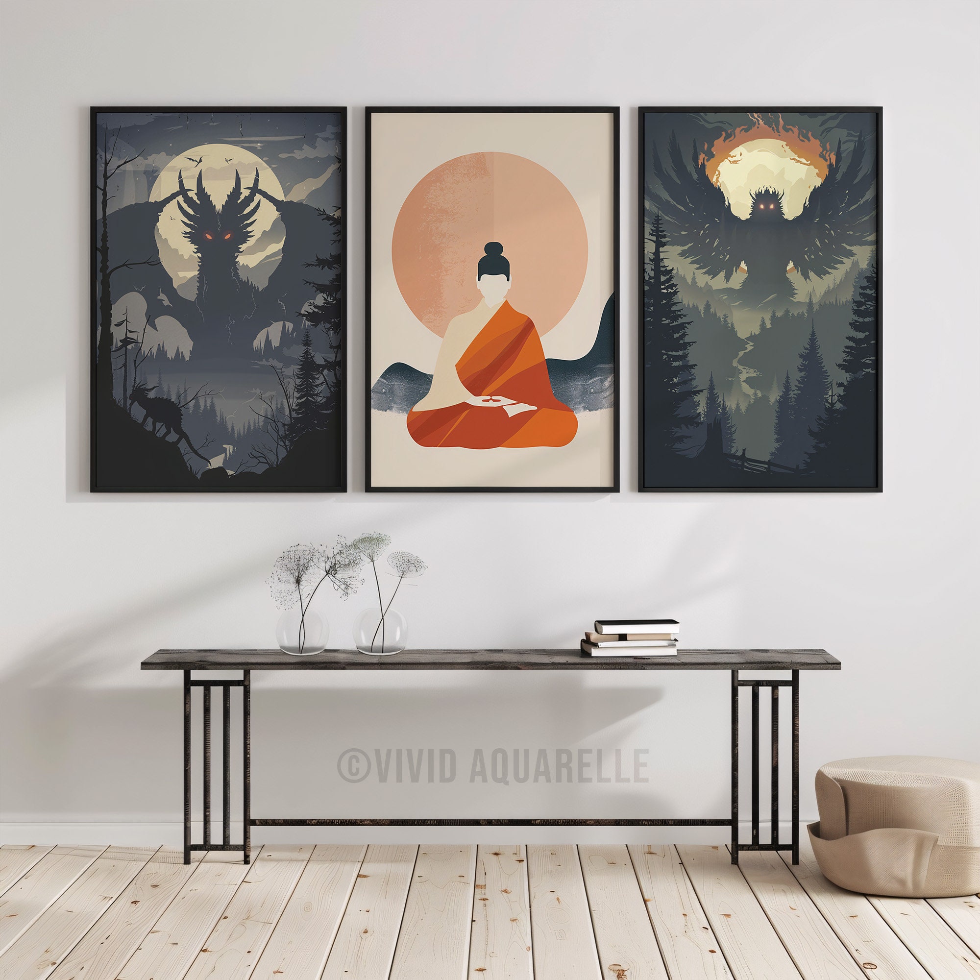 Cryptid Wall Art Set of 3 | Dragon, Monster, Phoenix | Dark Theme ...