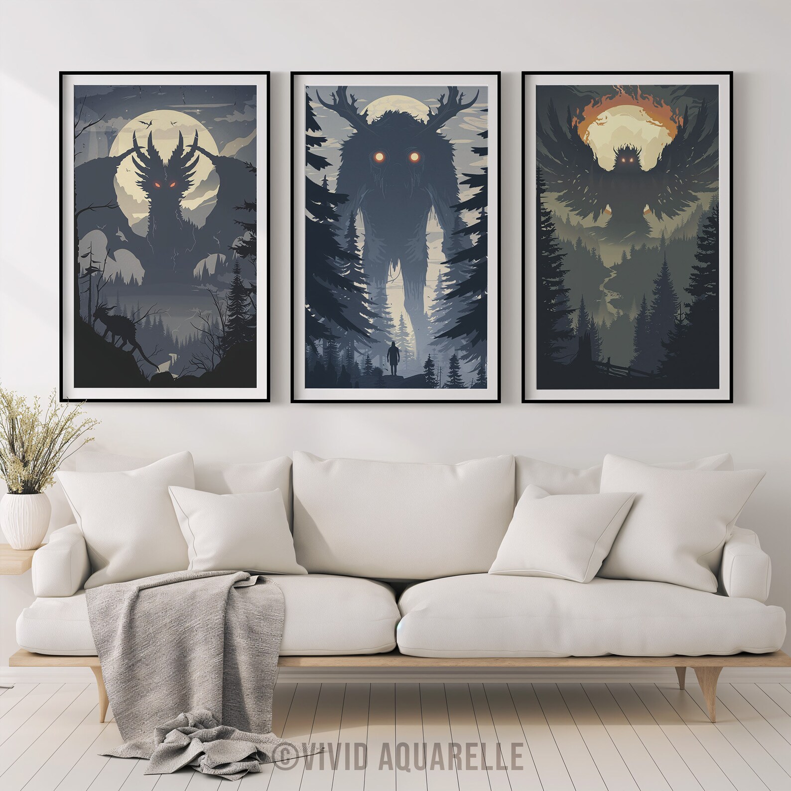 Cryptid Wall Art Set of 3 | Dragon, Monster, Phoenix | Dark Theme ...