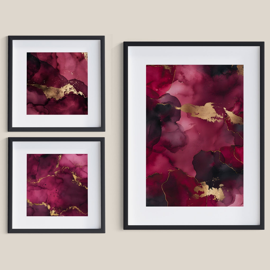 Red & Gold Watercolor Prints: Abstract Home Decor Trio (digital ...