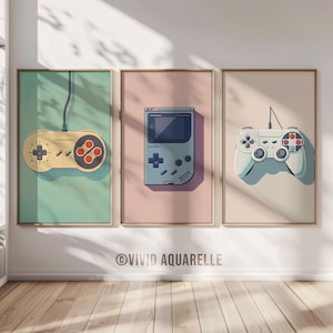 Set of 3 Retro Gaming Wall Art Prints | Minimalist Retro Game Pad Flat ...