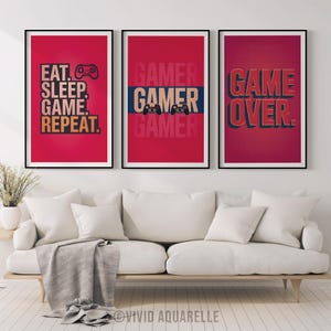Gaming Wall Art Set of 3 | Eat Sleep Game Repeat Print | Gamer Controls ...