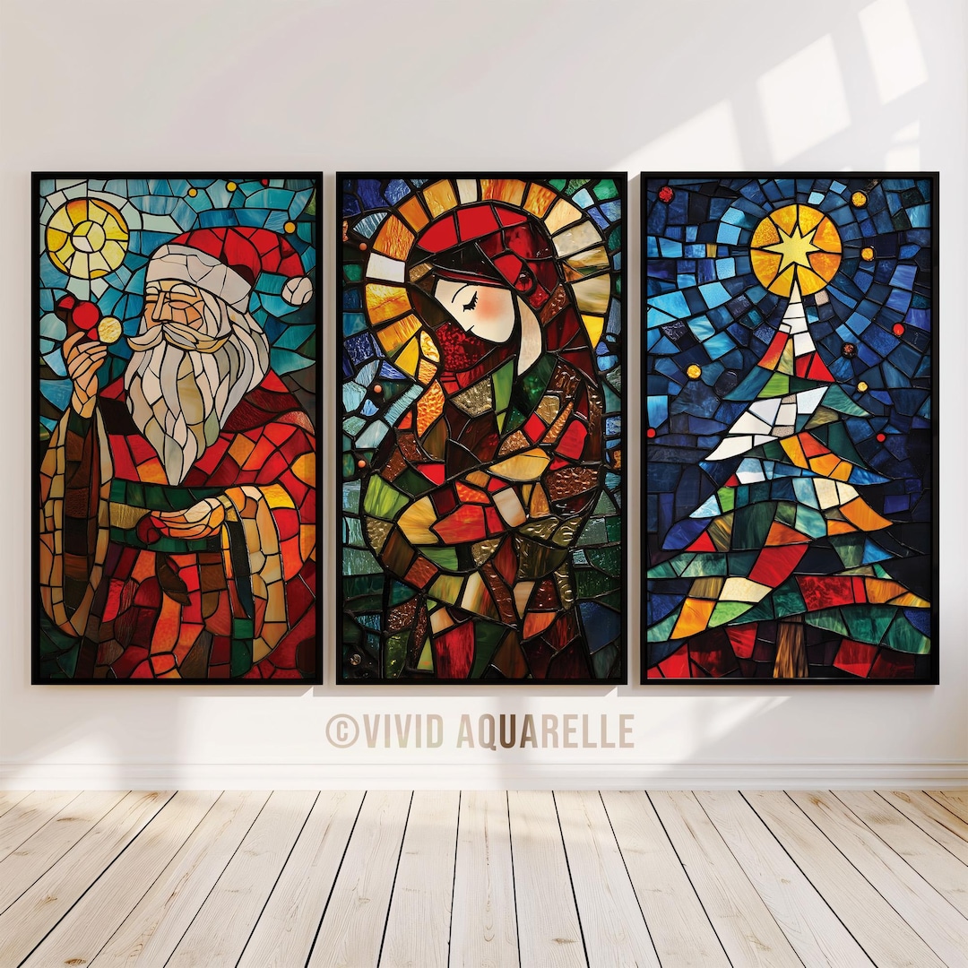 Mosaic Stained Glass Christmas Wall Art: Santa, Tree, Mary (printable ...