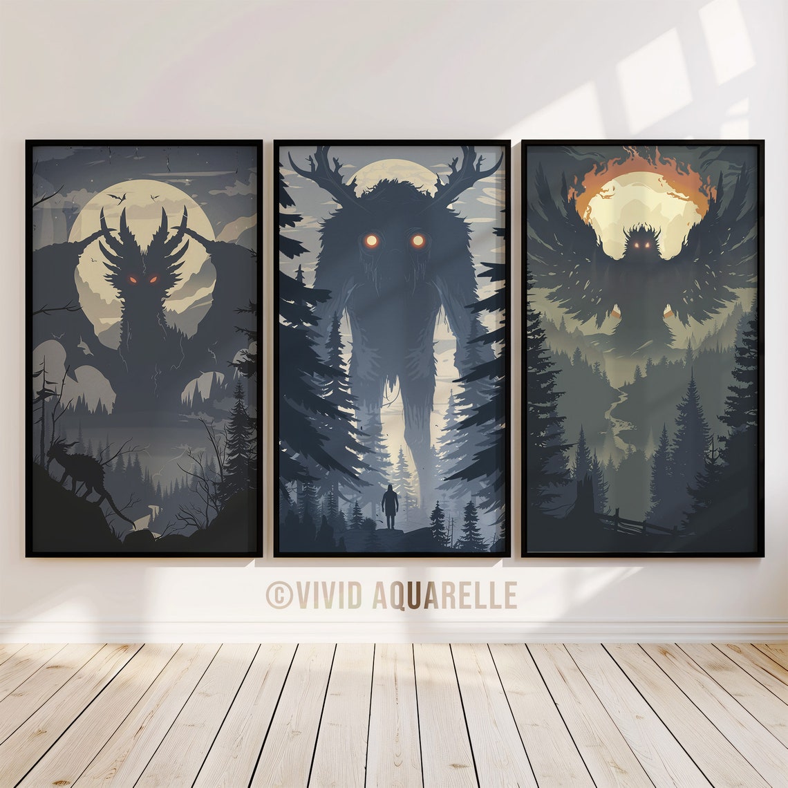 Cryptid Wall Art Set of 3 Dragon, Monster, Phoenix Dark Theme Flat ...