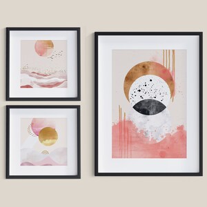 Gold Pink Japandi Wall Art, Minimalist Moon Ocean Wave Home Decor ...