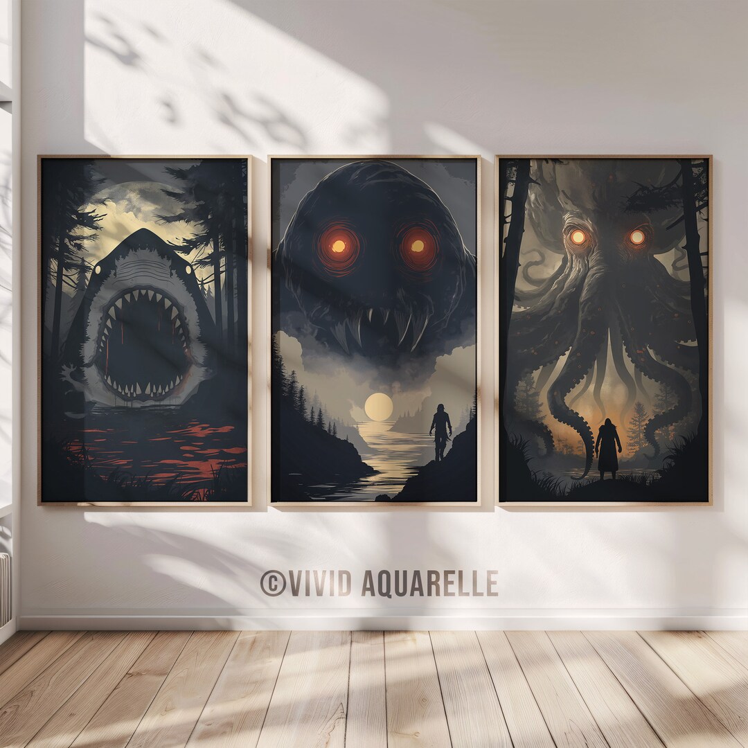 Cryptid Wall Art Set of 3 | Shark, Kraken, Monster | Dark Theme | Flat ...