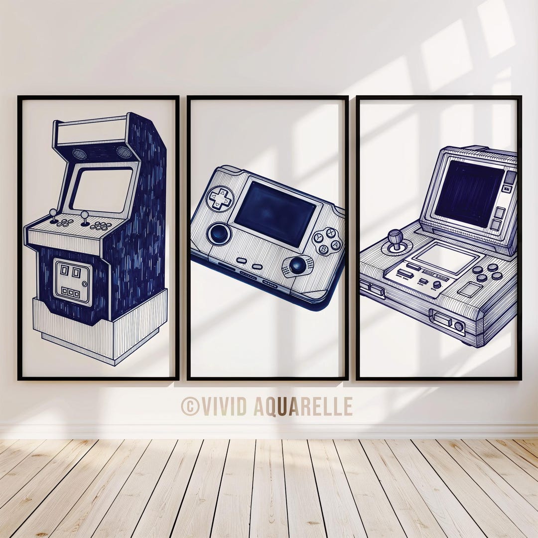 Retro Gaming Sketch Art Set of 3, Vintage Arcade Console Prints, Gamer ...