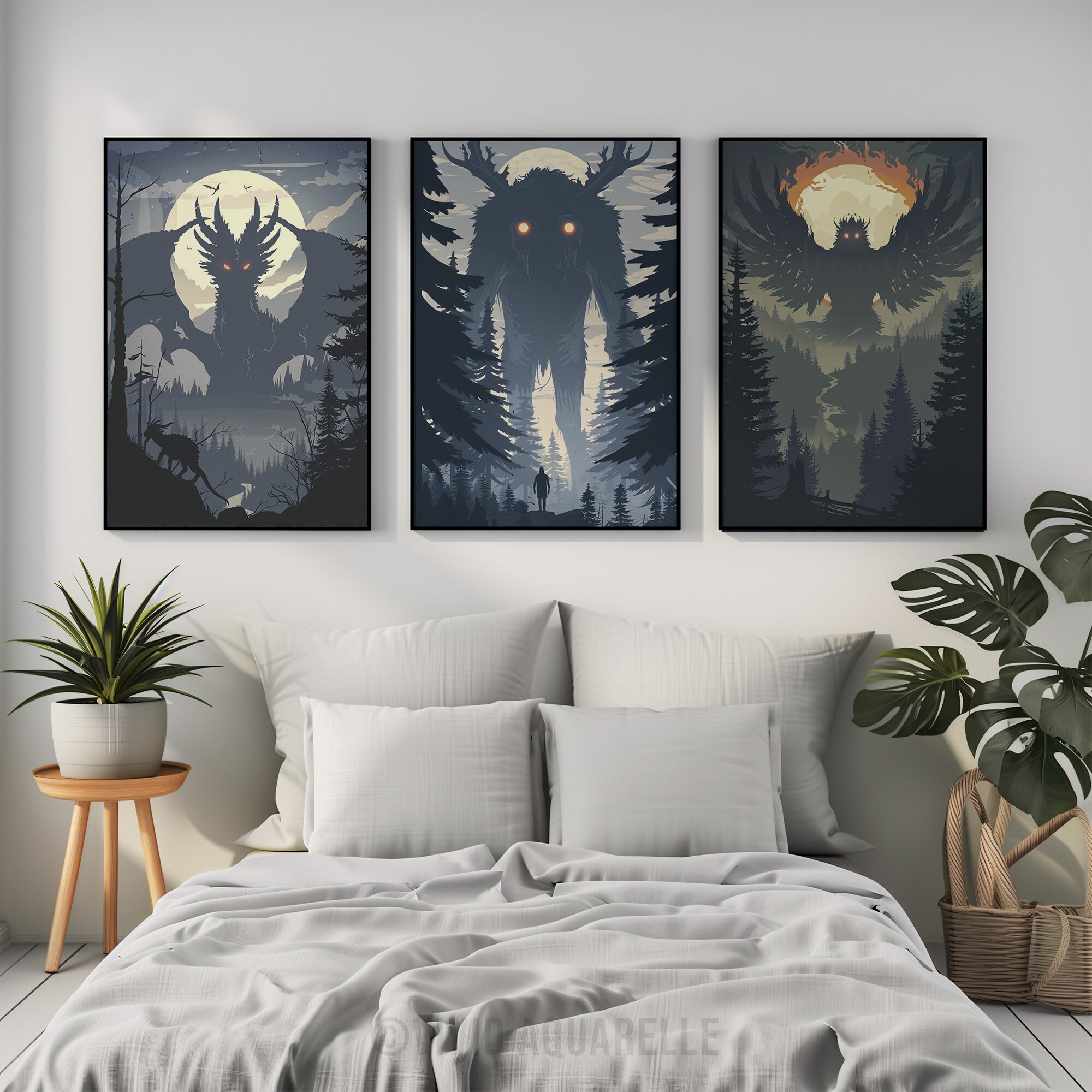 Cryptid Wall Art Set of 3 Dragon, Monster, Phoenix Dark Theme Flat ...