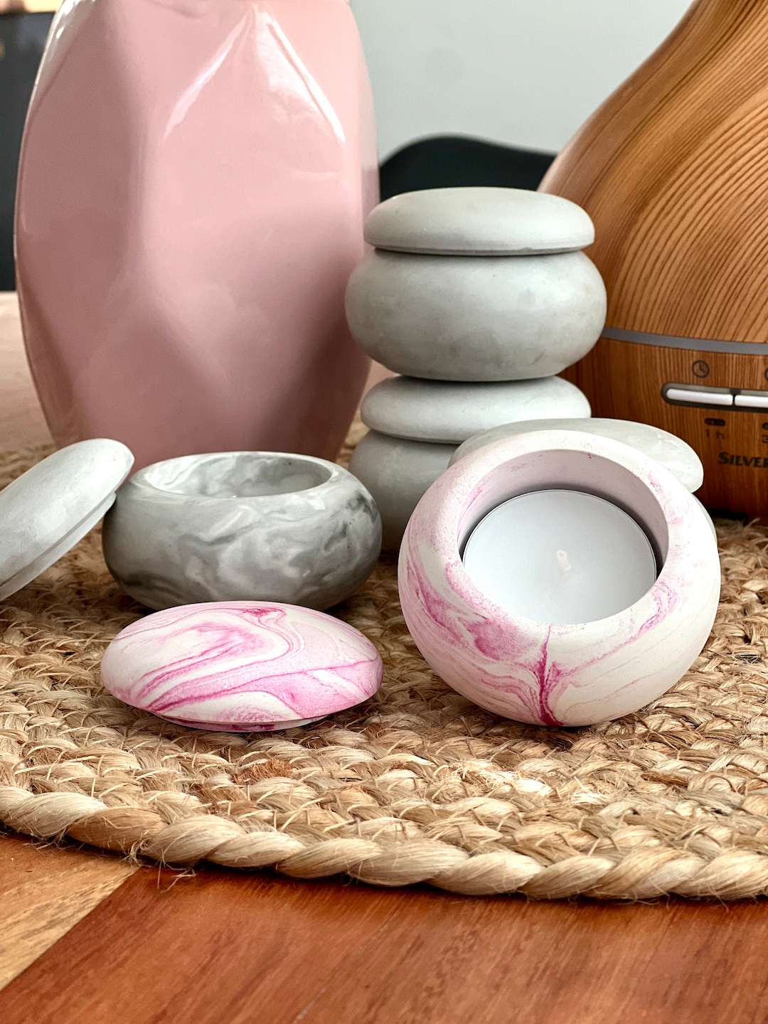 Pebble Shape Zen Candle Holder Tea Light Jar With Lid, Concrete Sea ...