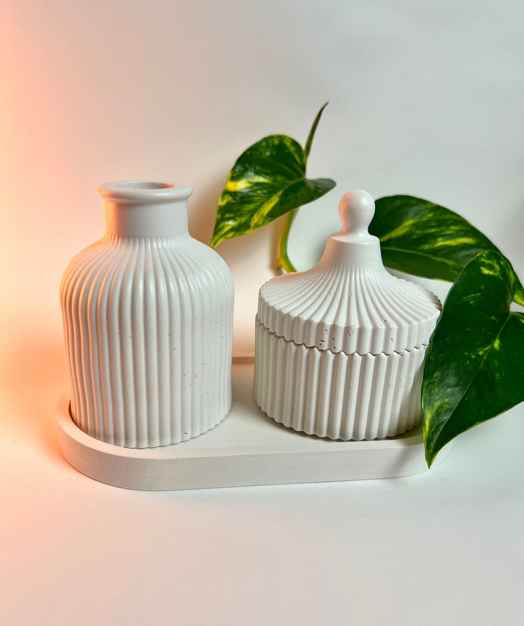 Scented Soy Candle Gift Set: Ribbed Gypsum Vase & Stand, Hidden Message ...