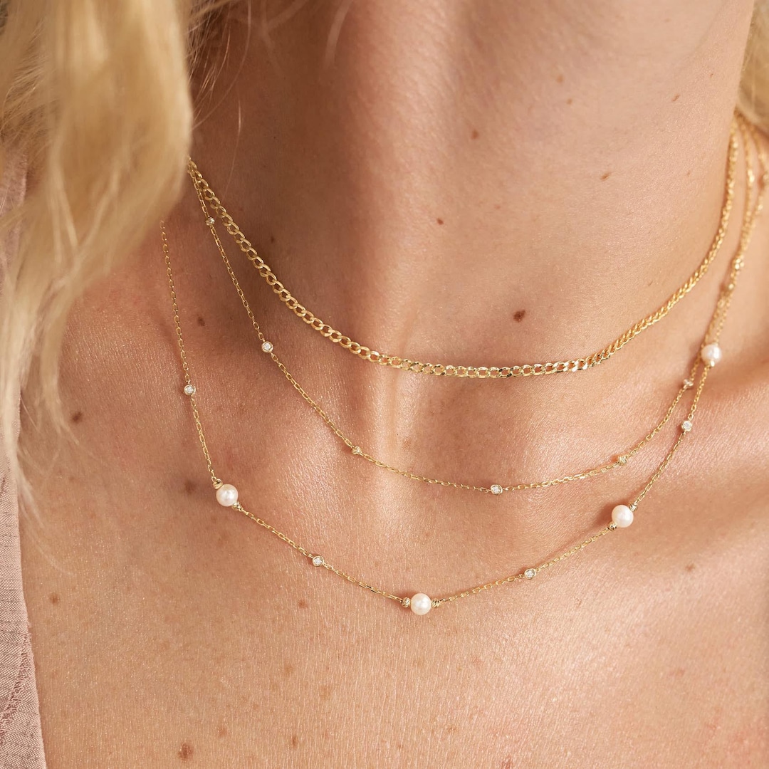 14K Solid Gold Pearl Station Necklace | Diamond by the Yard Necklace ...