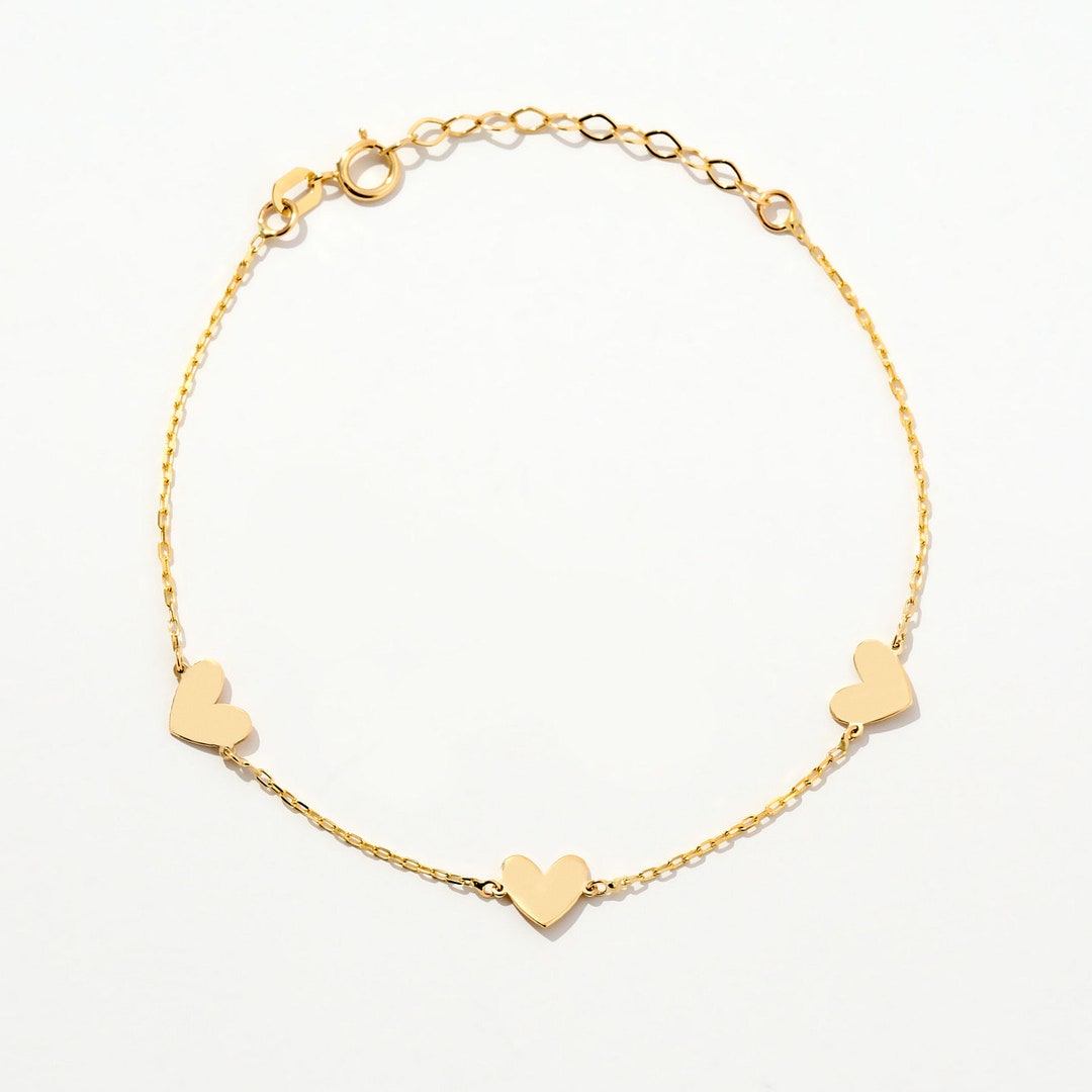 Heart Station Bracelet in 14K Solid Gold | Heart Bracelets for Women ...