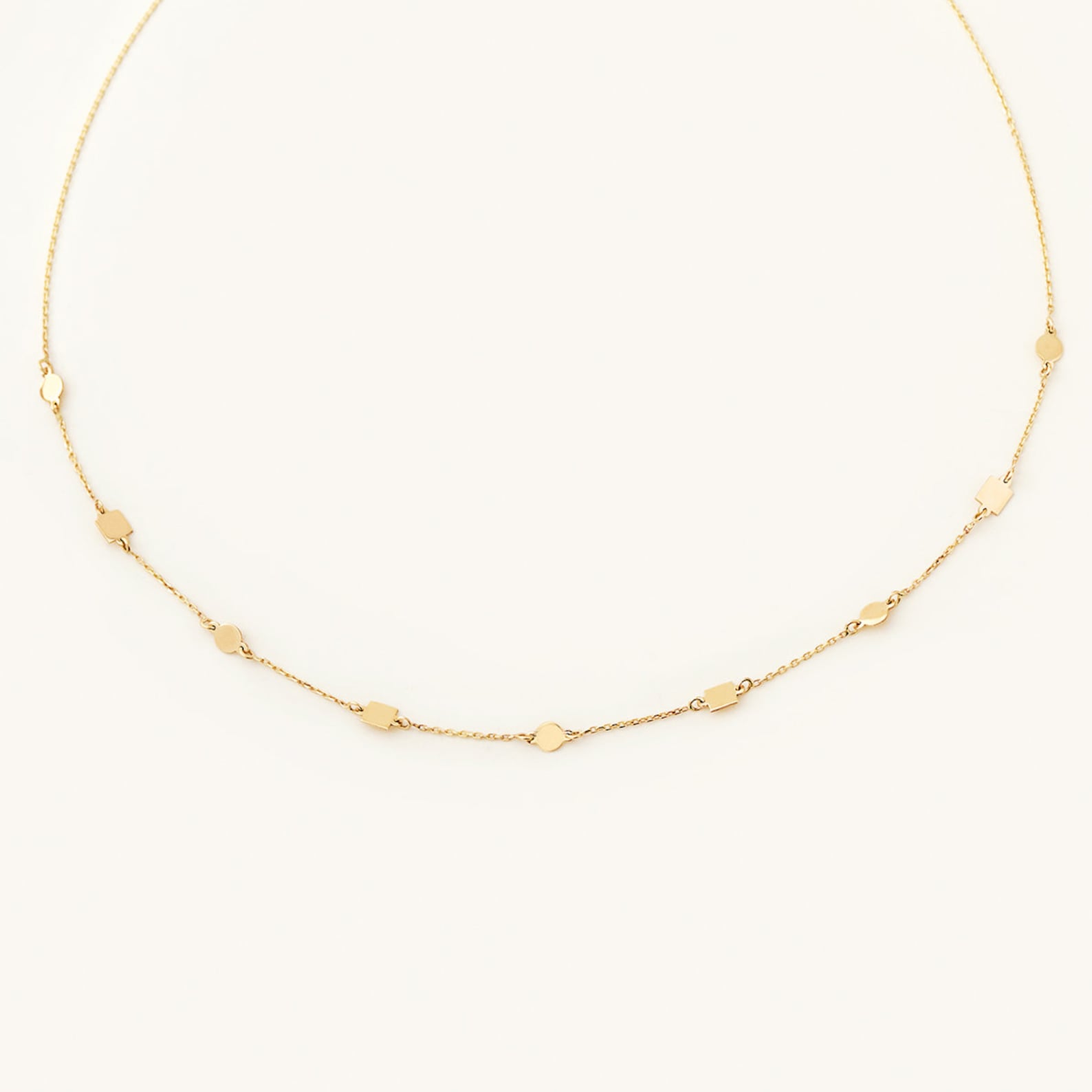 14K Solid Gold Square and Round Disc Station Necklace for Women Dainty ...