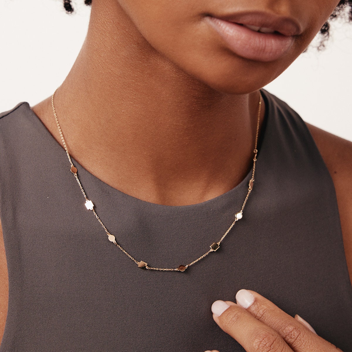 14K Solid Gold Square and Round Disc Station Necklace for Women Dainty ...