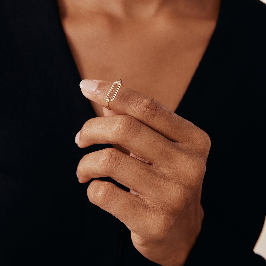 14K Solid Gold Paperclip Ring for Women Stackable Paperclip Link Rings ...