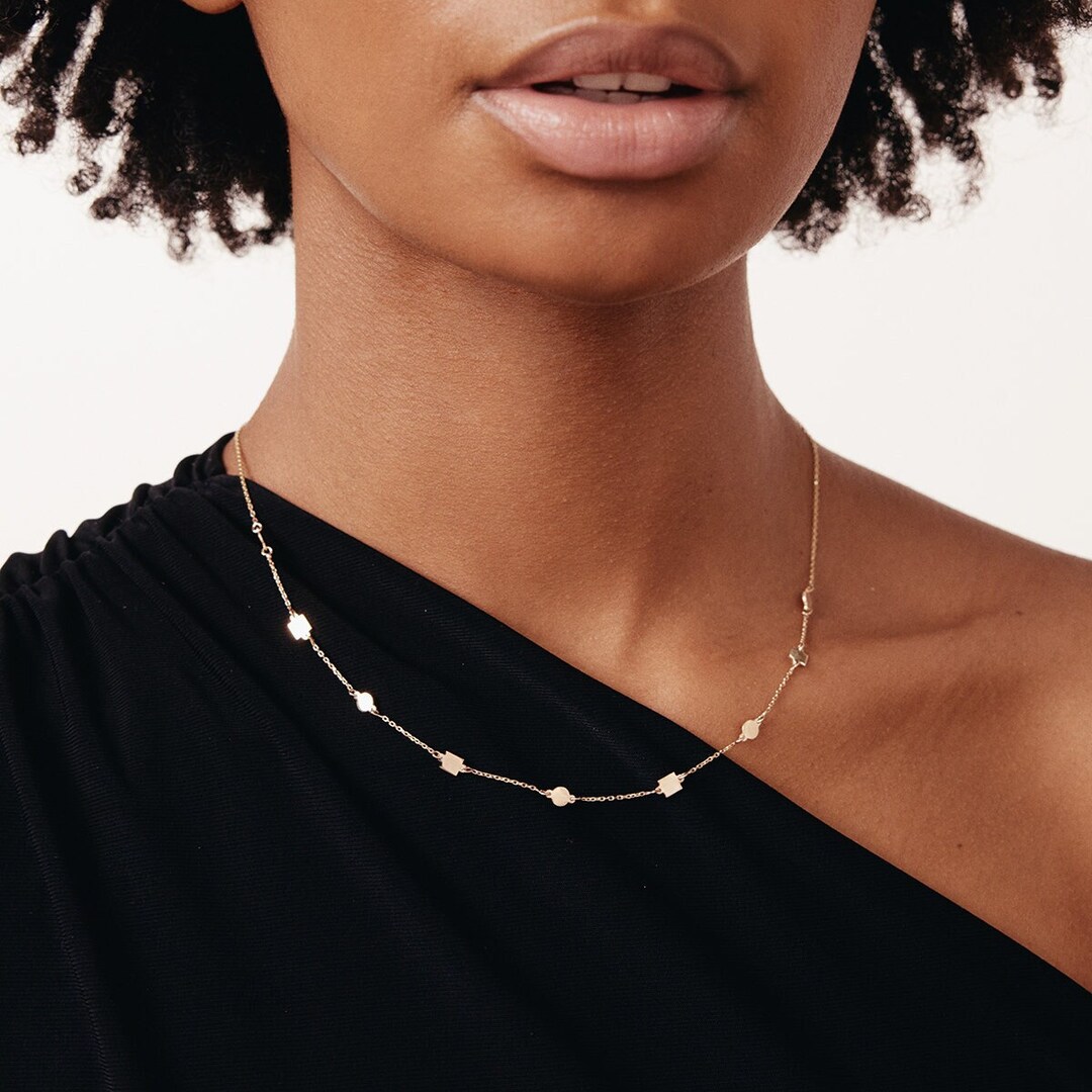 14K Solid Gold Square and Round Disc Station Necklace for Women Dainty ...
