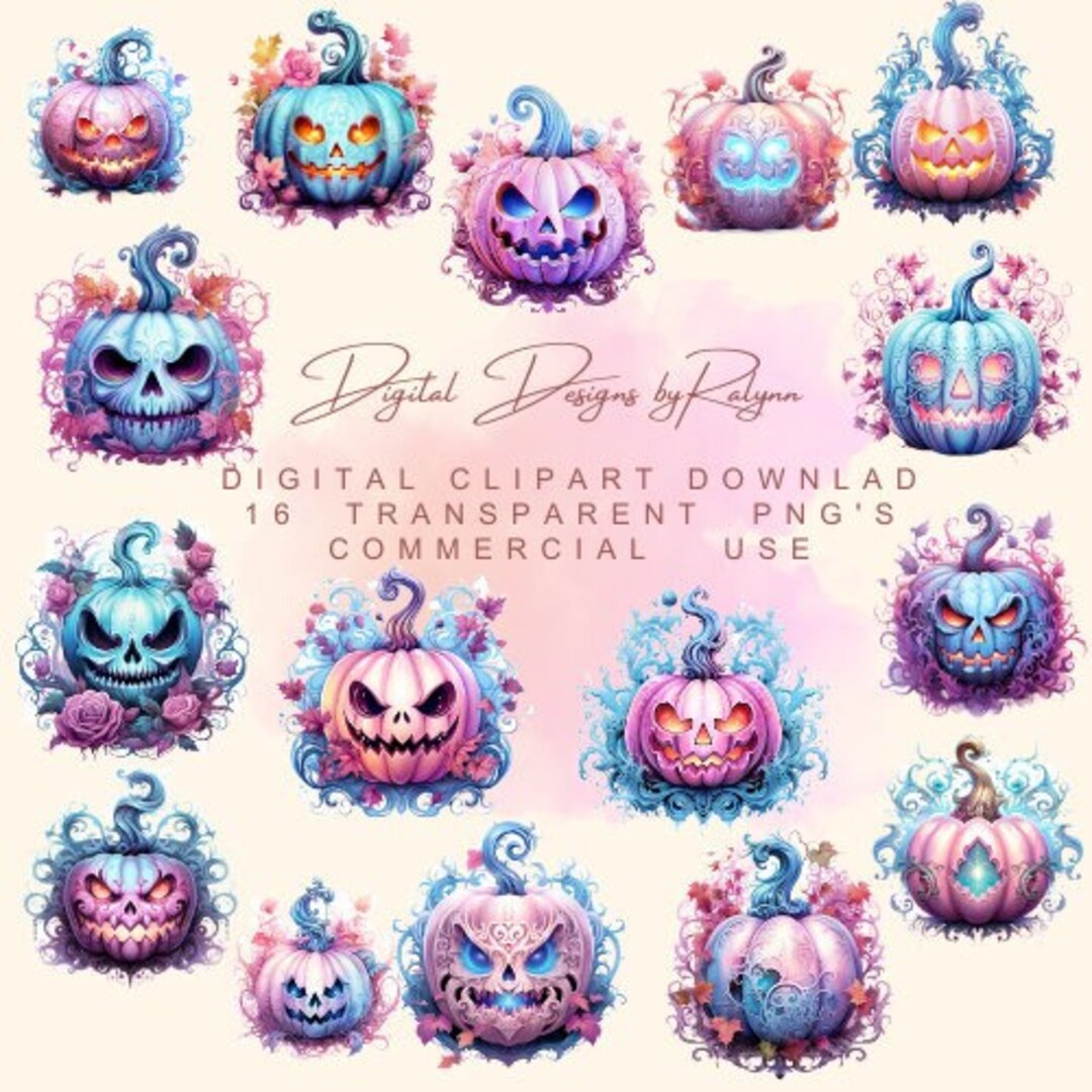 Pastel Goth Halloween Pumpkin Clipart: Watercolor PNG Set (digital ...