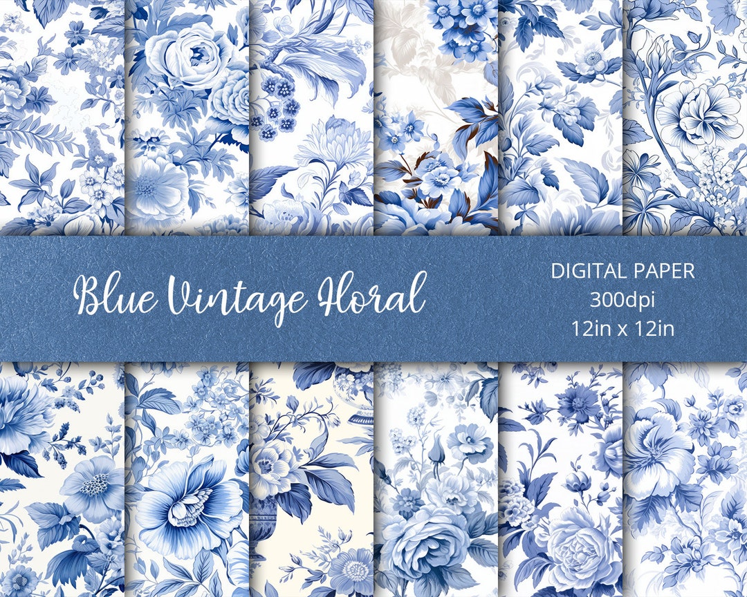 Blue Vintage Floral Digital Paper Bundle Seamless Patterns for ...