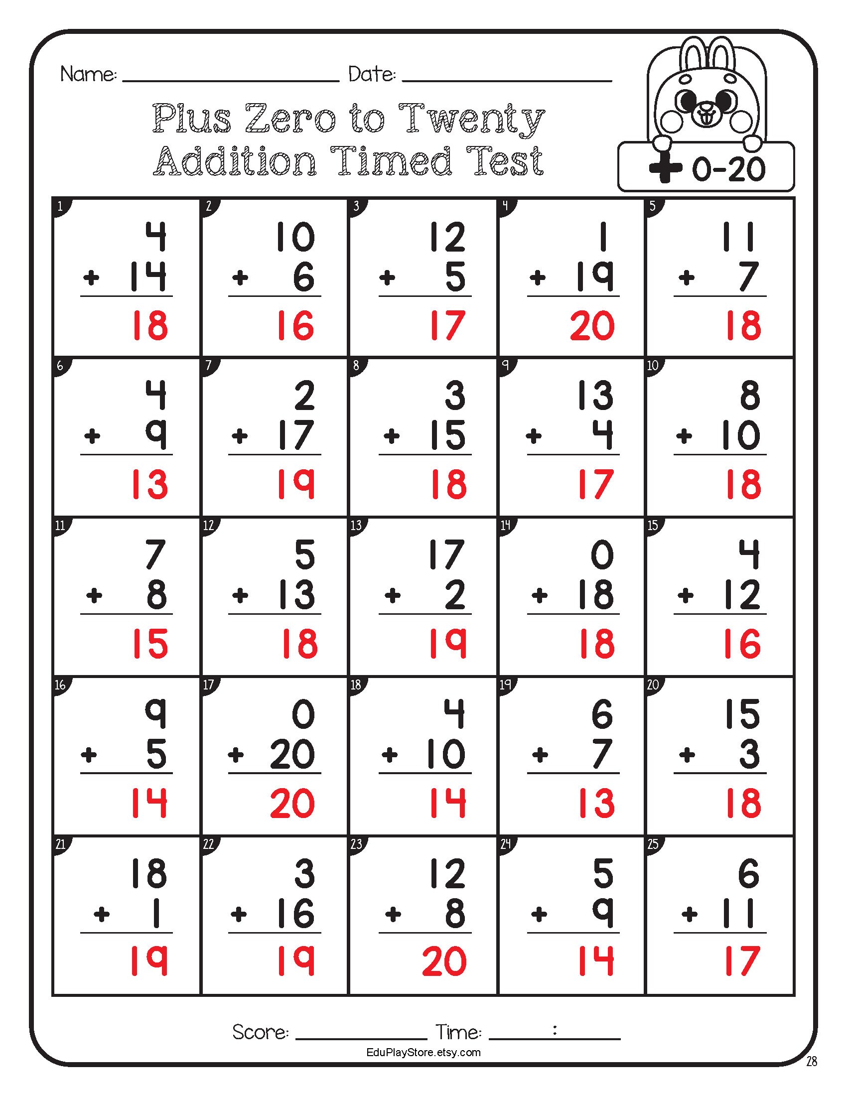 Addition and Subtraction Timed Tests | Printable Math Worksheets | 80 ...
