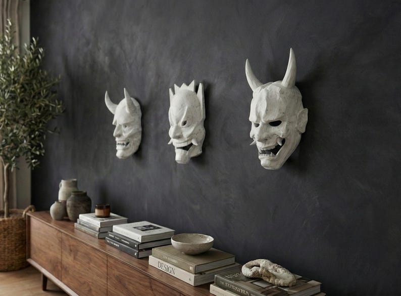 3 Piece Japanese Hannya Mask Set | White Oni Demon Wall Art for ...