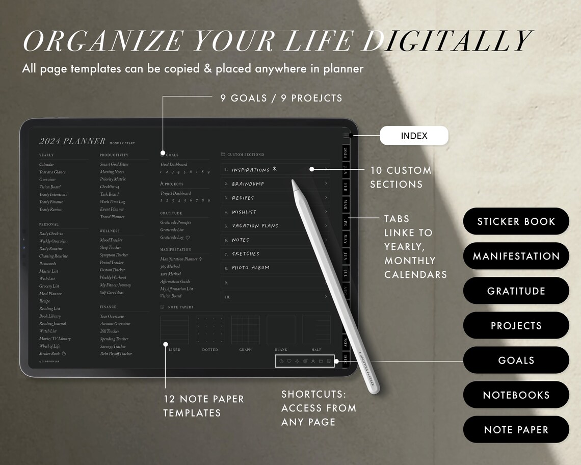 2024 Digital Planner Dark Mode Goodnotes Dated Life Planner Minimalist ...