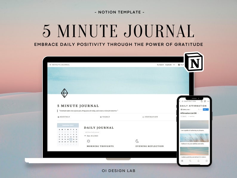 Notion Daily 5 Minute Journal Digital Prompts Notion Template Gratitude ...
