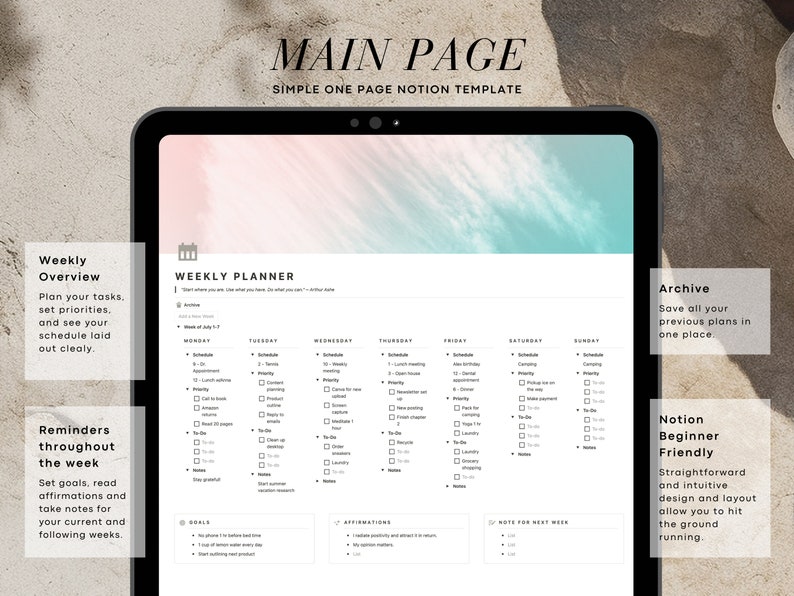 Notion Weekly Planner Template: Simple Digital To-do List (PDF) - Etsy