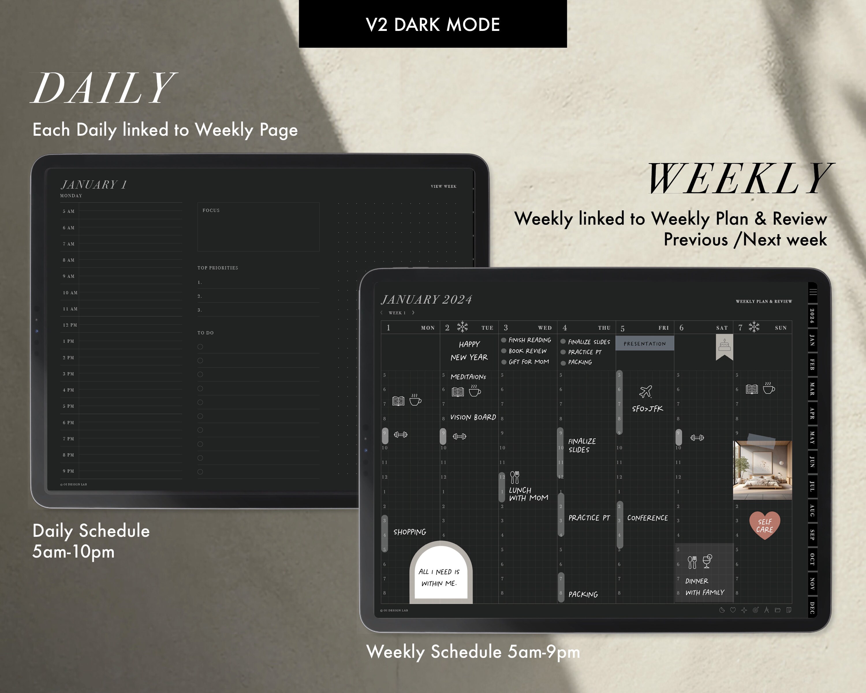 2024 Digital Planner Dark Mode Goodnotes Dated Life Planner Minimalist ...